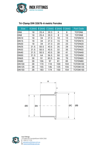 150mm Sanitary Ferrule DIN 32676-A metric Tri-Clamp / Tri-clover 316SS ...